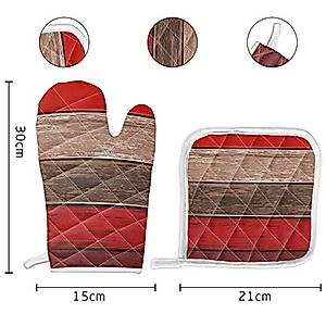 Oven Mitt and Pot Holder Set Heat-Insulation Gloves 2Pcs Vintage Farm Barn Red-Brown Gradient on Wood Grain Polyester & Cotton Oven Mitts Set for Cooking and Baking