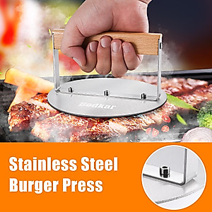 bodkar Smash Burger Press Stainless Steel 6 Inch Round Burger Smasher with Wood Handle, Grill Press Meat Flattener Tool for Flat Top Griddle Grill Cooking