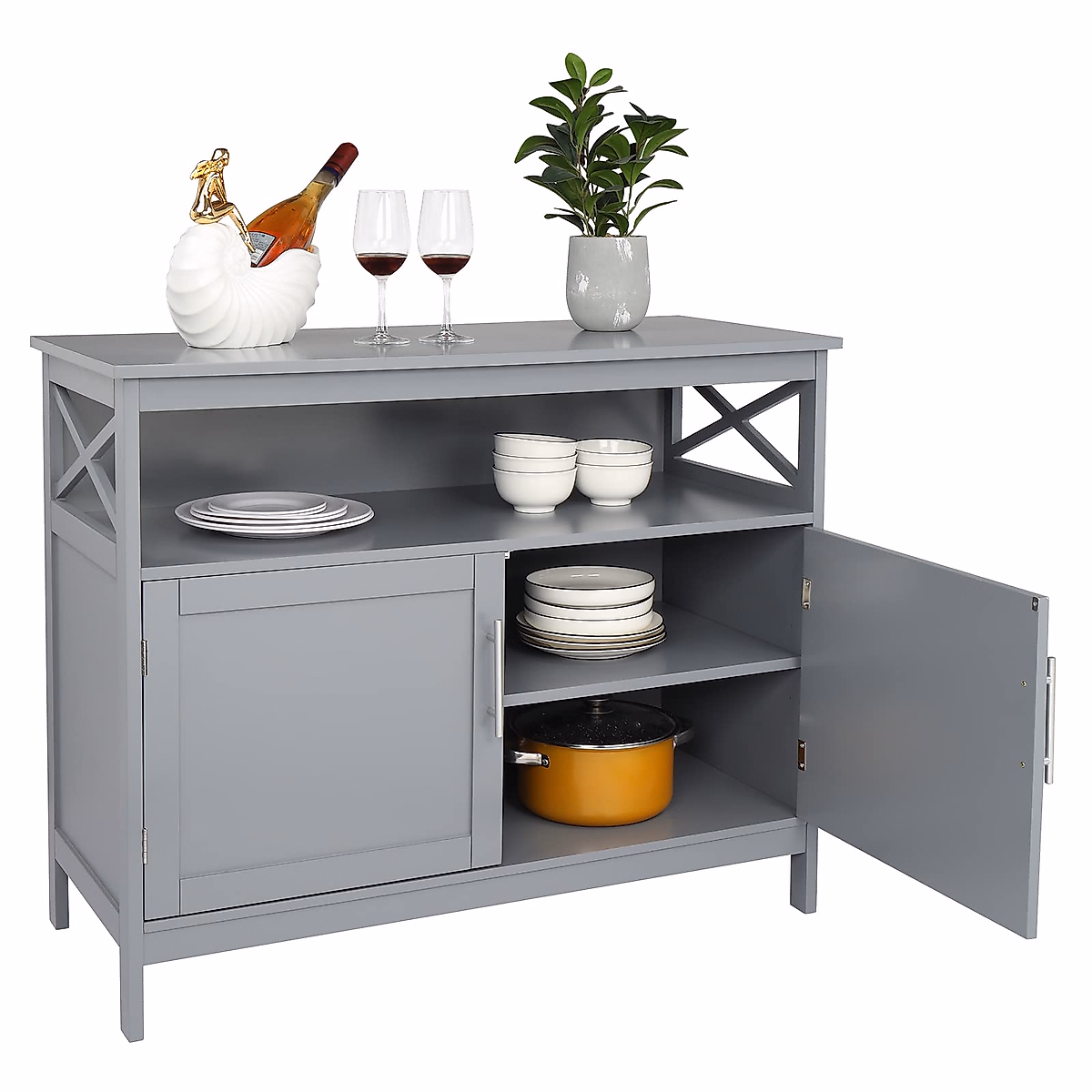 Double Door Sideboard Buffet Cabinet, Kitchen Storage Sideboard Coffee Bar Cabinet with Adjustable Shelf, Wooden Cupboard Console Table Curio Cabinet with Open Shelf for Kitchen Living Room, Grey