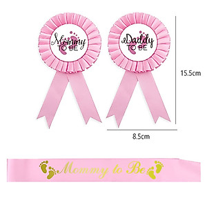 CoolerthingsDG, 3pcs, Daddy to be & Mommy to be Tinplate Badge Pink pin and one pink sash for mommy to be, with gold Letters, - Baby Shower Button New Dad Gifts Gender Reveals Party Baby Girl White and Pink Rosette Button Baby Celebration ( pink footprint