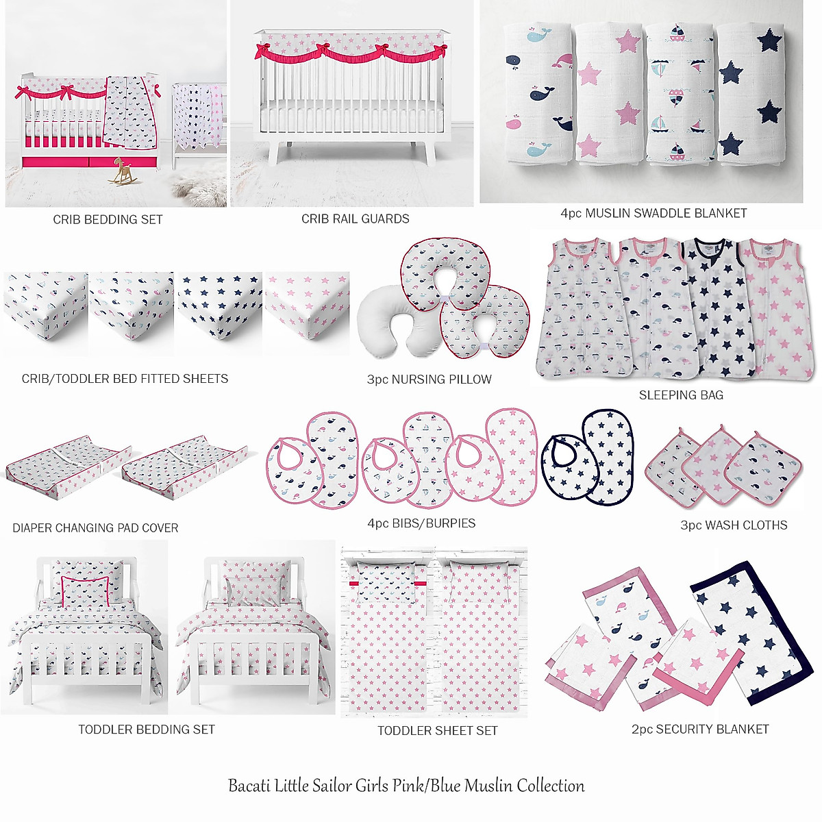 Bacati - Whales Silky Soft Breathable 100% Cotton Muslin Baby Crib Fitted Sheets - Fits Standard 28 x 52 x 5 Crib & Toddler Mattresses(Whales - Pink/Navy)