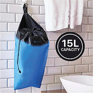 Go Travel Laundry Bag, Drawstring Bag to Compartmentalize Dirty Laundry and Clean Clothes, Washable, Polyester Laundry Bag, Travel Essentials, Blue, 15 Liters