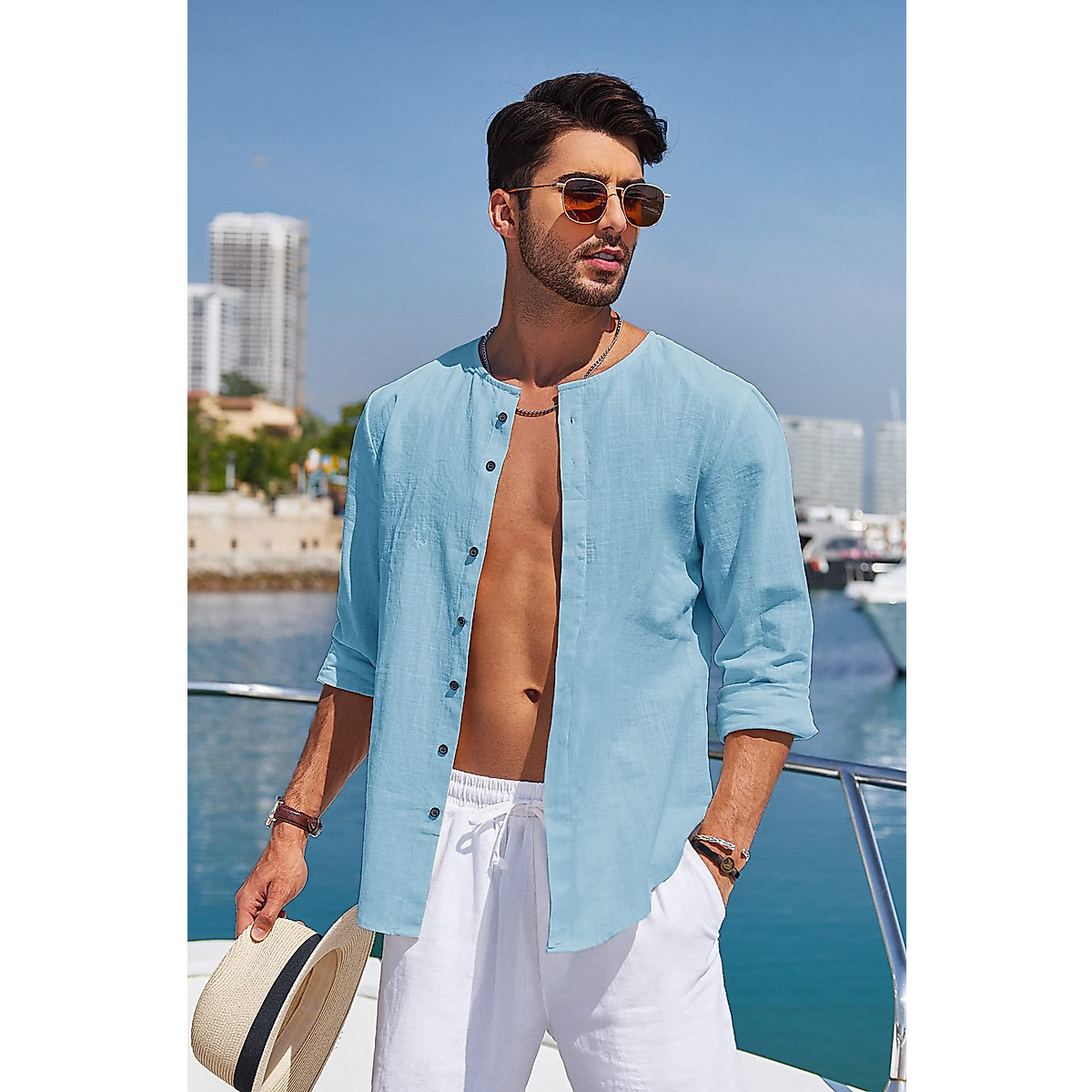 COOFANDY Men's Linen Button Down Shirt Long Sleeve Casual Beach Tops(Blue, Medium)