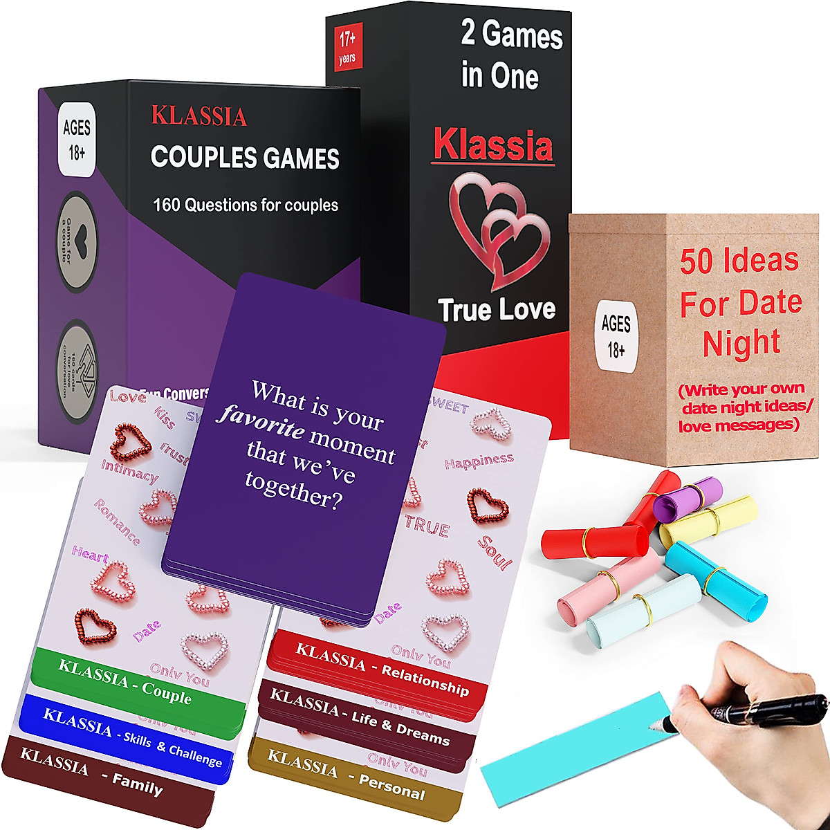 Klassia Romantic Games for Couples- Fun Conversation Cards for Better Relationship- Date Night Box- 160 Questions - Perfect Anniversary & Valentines Day Gifts for Couples