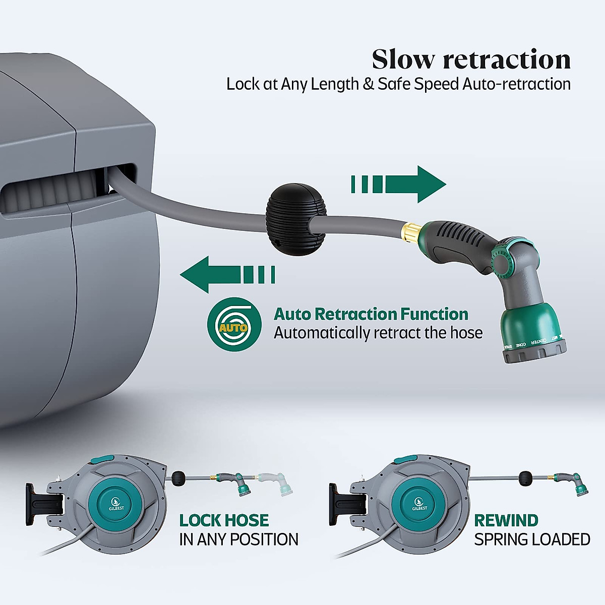 Gilbest Retractable Hose Reel, 5/8 "x 100 ft Retractable Garden Hose, Wall Mounted Retractable Hose, Retractable Water Hose with 10-Function Hose Nozzle, Any Length Lock/Heavy Duty/180°Swivel Bracket