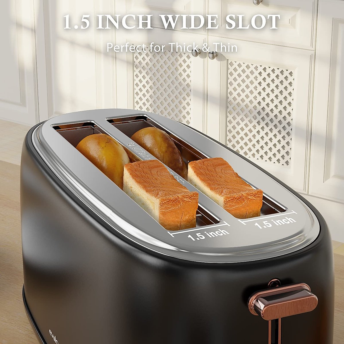 Evoloop Toaster 4 Slice, Stainless Steel Bread Toasters, 6 Bread Shade Settings, Reheat, Bagel, Defrost, Cancel Function, 1.5" Extra Wide Slots,Removable Crumb Tray（Black）