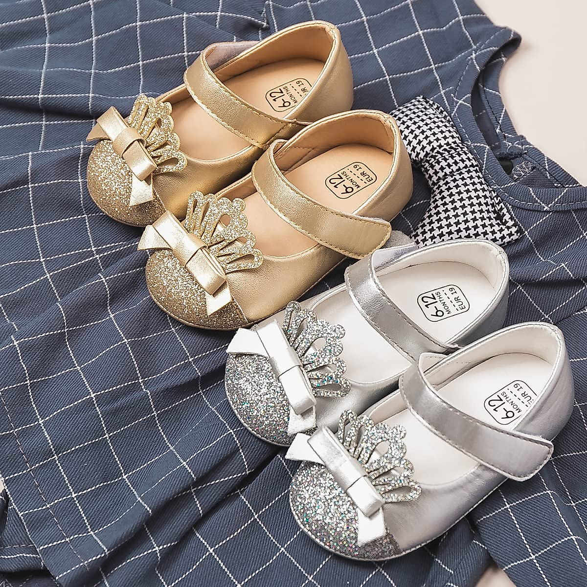 Sawimlgy Baby Girls Mary Jane Sequins Crown Flats PU Leather Wedding Party Princess Ballet Shoe Infant Rubber Sole Prewalker Toddler First Crib Shoes