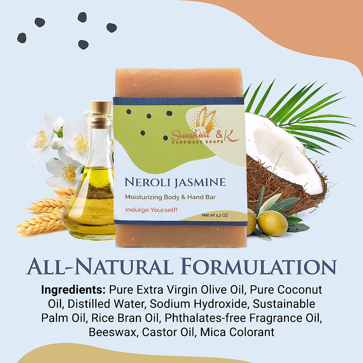 Neroli Jasmine - Body & Hand Soap Bar, Handmade Bath Soap, Moisturizing Bar Soap With Beeswax, Rice Bran Oil, & Natural Base Oils, Soap Bars, 5 oz - Sunshine & K Handmade Soaps