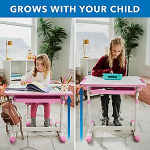 Mount-It! Kids Desk and Chair Set, Height Adjustable Sturdy, Girl Desk, Kids Art Desk, Kids Study Desk and Chair Set for Boys, Home School, Drafting Desk, Ergonomic Childrens Storage Drawer Pink