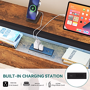 YITAHOME Queen Bed Frame with 4 Storage Drawers and Headboard, LED Lights and Charging Station with Metal Platform Bed Frame, No Box Spring Needed, Fast Assembly - Brown