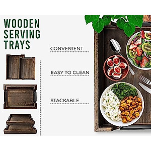 Rustic Wooden Serving Trays with Handle - Set of 2 - Large and Small, Nesting Multipurpose Trays - for Breakfast, Coffee Table/Butler & More - Rustic Brown