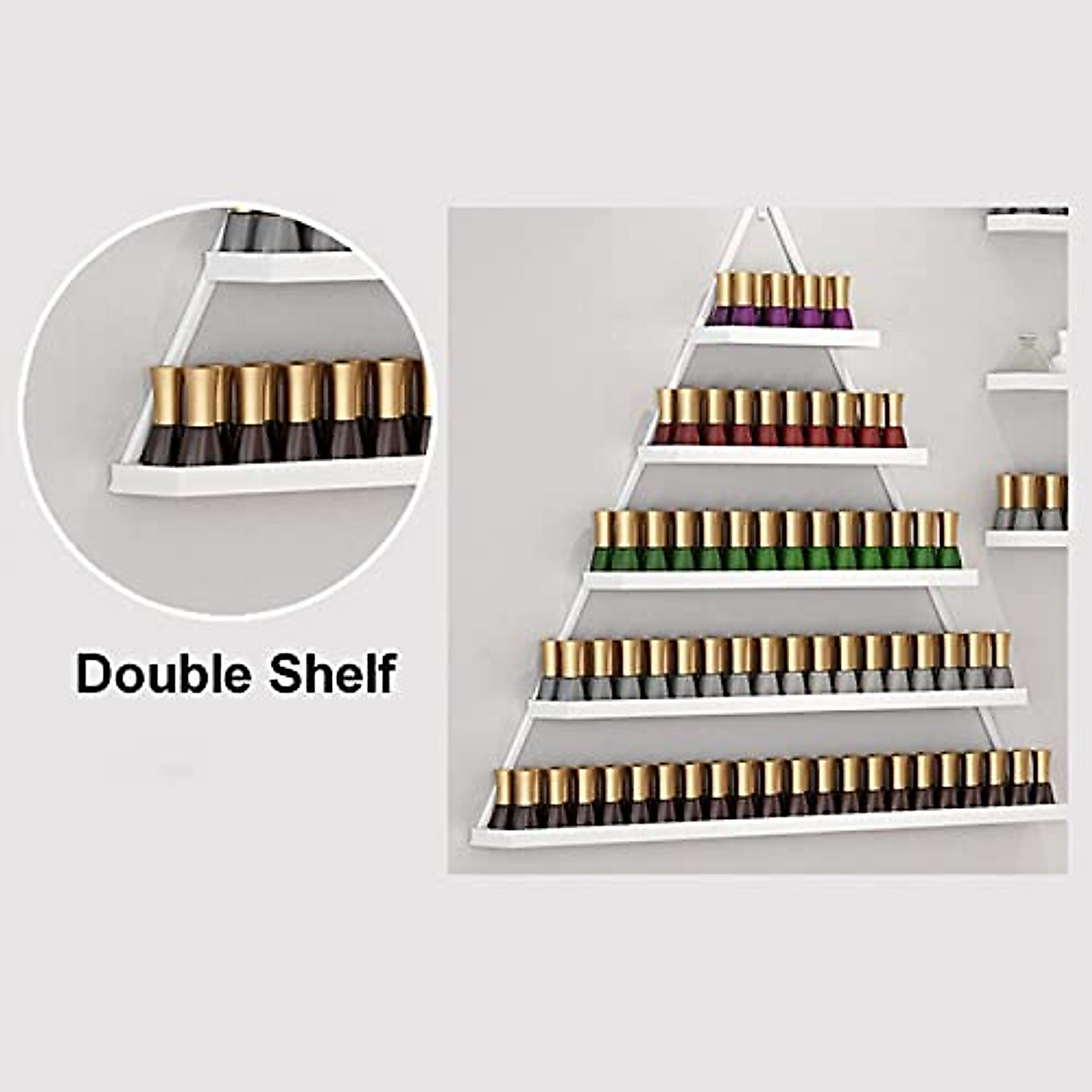 DEOCAE Nail Polish Organizer, 5 Tier Nail Polish Organizer Wall Rack, Hanging Wall Triangle Display Rack Storage Shelf Perfume Shelf Cosmetic Cabinet