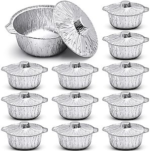 Ziliny 12 Pcs Disposable Aluminum Pot with Lid Round Foil Pans Disposable Cookware Food Container for Vacation Trips Camping Baking Heating Cooking (74.4 oz)