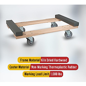 Mytee Products 2 Pack 32"x18" Rubber Caps Moving Dolly with 4" Non-Marking Swivel Caster Wheels 1000 lbs - Chicago Style Heavy Duty 4 Wheel Dolly Cart for Moving Industrial Heavy Loads, Furniture