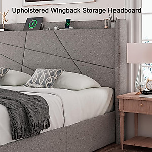 Einhomn Queen Size Lift Up Bed Frame with Charging Station, Upholstered Bed Frame with Storage, No Box Spring Needed, Noise-Free, Hydraulic Storage, Easy Assembly, Light Grey