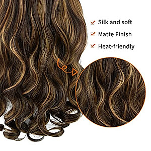 REECHO Invisible Wire Hair Extensions with Transparent Headband Adjustable Size Removable Secure Clips in Curly Wavy Secret Hairpiece for Women 20 Inch - Dark Chocolate Brown with Golden blonde mixed