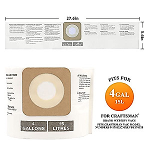 6 Pack Vac Bags fit for Craftsman 4 Gallon Fine Dust shop vec and DeWALT DXV04T 4 Gallon,Part# CMXZVBE43270,4 Gallon Shop Vacuums 9-17612 (A)