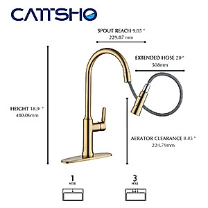 CATTSHO Kitchen Faucet with Pull Down Sprayer, Brass Kitchen Sink Faucet Gold Single Handle High Arc Commercial Spot Resist