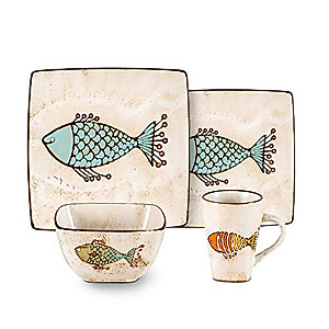 HomeVss, Stoneware Artisan Hand Painted Fish, 16pc Reactive Glaze Dinnerware Set