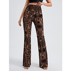 OYOANGLE Women's Bootcut High Waisted Yoga Pants Floral Print Wide Leg Pants Trousers Brown Floral L