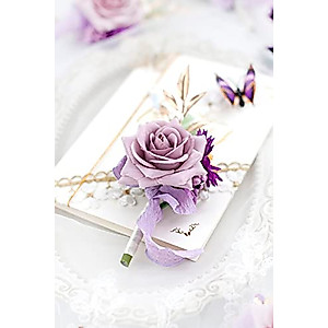 Ansofi Purple Corsage and Boutonniere Set, Prom Artificial Flower Wrist Corsage Bracelets, Homecoming Corsage Wristlet, Boutonniere for Men Wedding Flowers Accessories Prom Suit Decorations