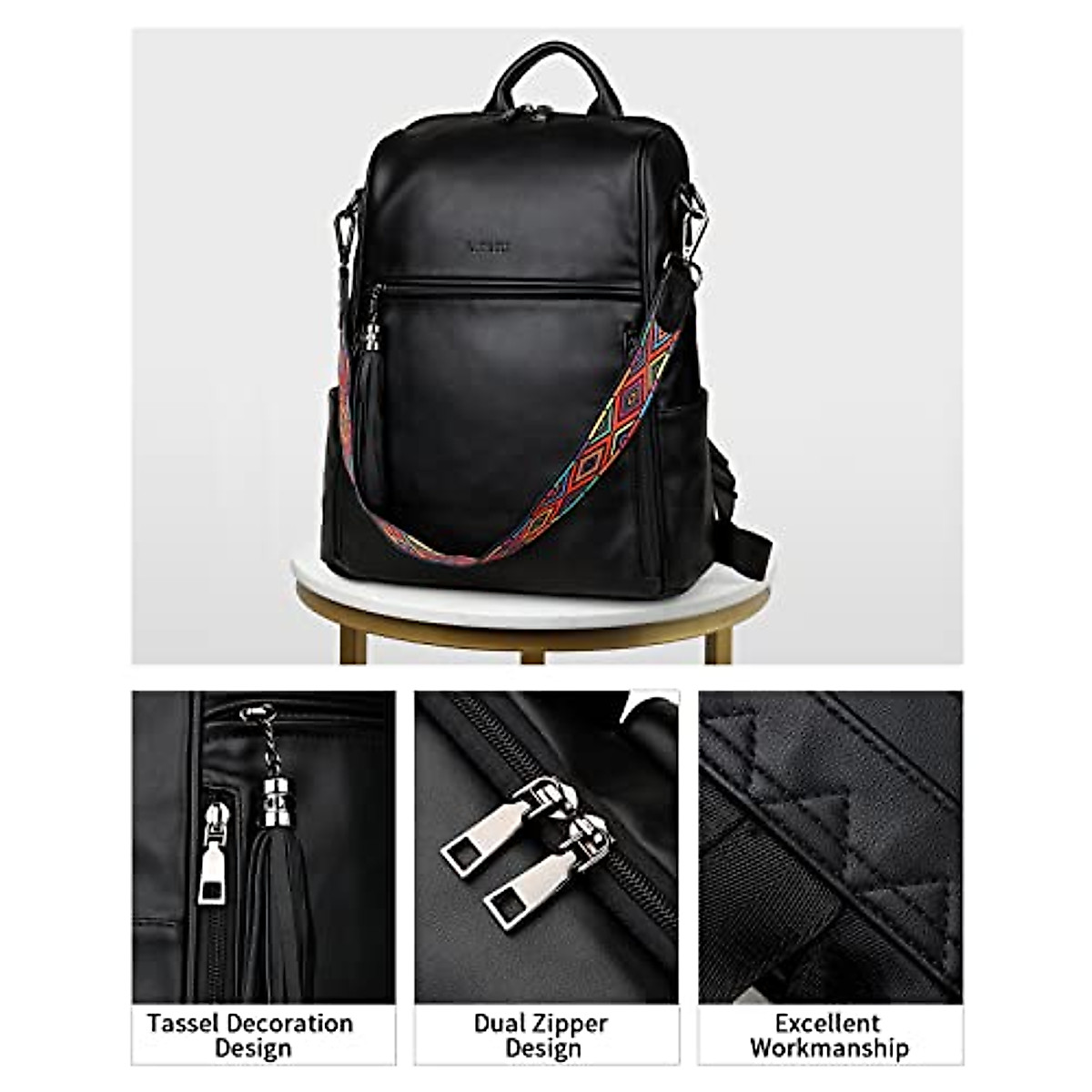 FADEON Leather Backpack Purse for Women Designer Travel Backpack Purses PU Fashion Ladies Shoulder Bag with Tassel Black