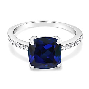 Gem Stone King 925 Sterling Silver Blue Created Sapphire Engagement Ring For Women (2.62 Cttw, Cushion Cut 8MM, Available in size 5, 6, 7, 8, 9)