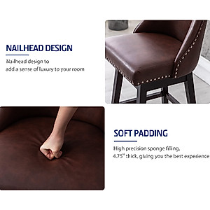 Kmax Leather Counter Height Bar Stools Swivel Farmhouse Bar Stools with Wood Legs Nailhead Footrest for Kitchen Island, Set of 2- Chocolate