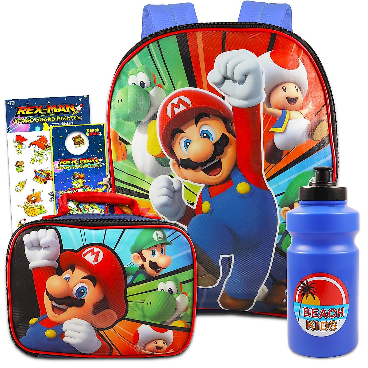Mario Shop Super Mario Backpack With Lunch Box For Kids ~ 4 Pc Bundle Featuring Mario, Yoshi, and Luigi, With School Bag, Stickers, Lunch Bag And More | Nintendo School Supplies