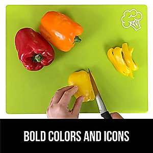 Gorilla Grip Cutting Boards for Kitchen, Set of 5 Durable Mats with Food Icons, Flexible Dishwasher Safe Plastic, Slip Resistant BPA Free Large Mat for Meat, Fish, Vegetables, Chopping Board, Multi
