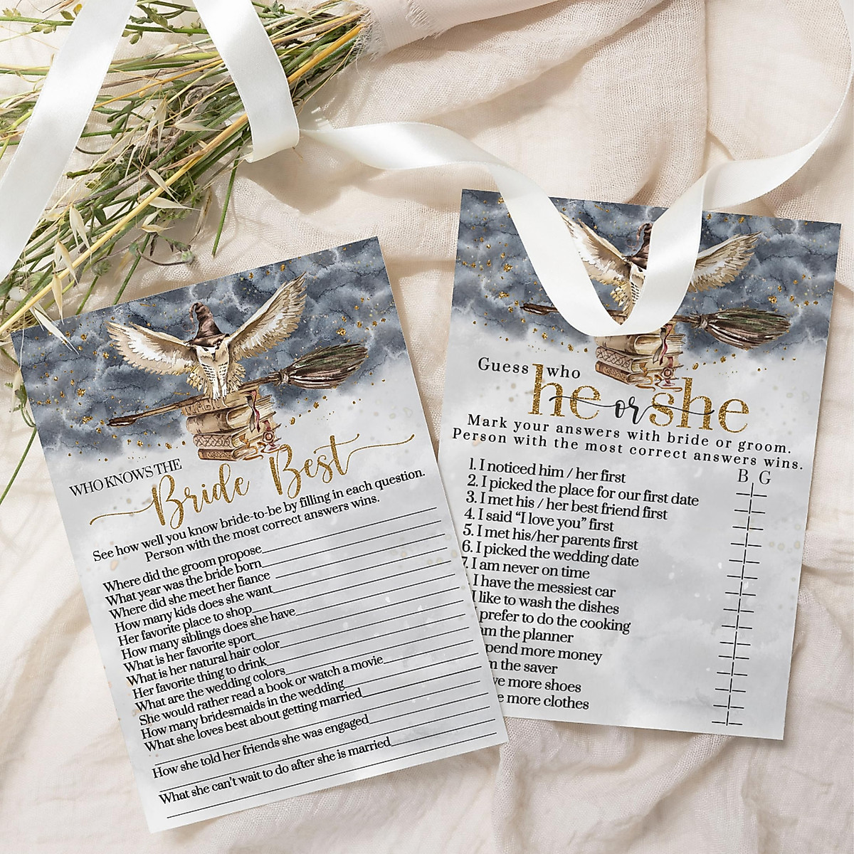 Halloween Bridal Shower Games Pack - 25 Double-Sided Cards - 5x7 Premium Quality Cardstock - Who Knows the Bride Best & He Said or She Said - Magical Wizard and Owl Design - Perfect for 25 Guests