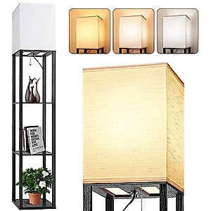 Floor Lamp with Shelves for Living Room, Shelf Floor Lamp with 3 CCT LED Bulb, Corner Display Standing Column Lamp Etagere Organizer Tower Nightstand with White Linen Shade for Bedroom, Office
