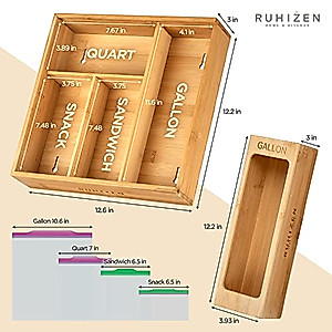 Ruhizen Food Storage Bag Organizer - Bamboo Ziplock Bag Organizer for Drawer, Countertop, or Wall Mounting - Baggie Dispenser with Gallon, Sandwich, Quart, and Snack Slots