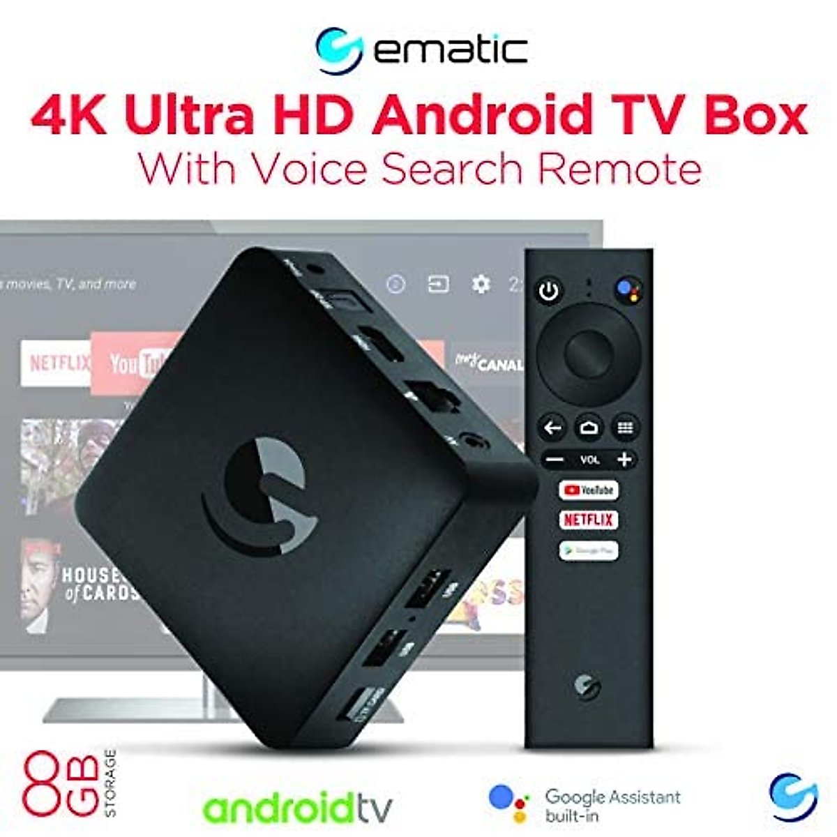4K Ultra HD Android TV Box with Google Assistant Remote Streaming Media Player Chromecast Built-in 8GB Storage