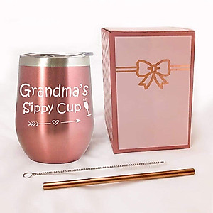 Grandma's Sippy Cup-Fun Birthday Christmas Mother's Day Gifts Ideas for New Grandmother/Mother-in-Law|12 oz Stainless Steel Wine Tumbler/Travel Coffee Mug Glass(12 oz, Grandma's Sippy Cup - Rose Gold)