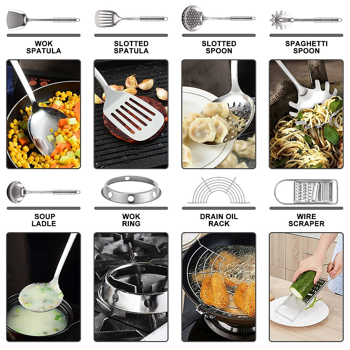 DZZIT 13" Carbon Steel Wok, 14 Pcs with Lid Round Bottom Wok Set, No Chemical Coated Chinese Wok, 12 Cookware Accessories, Wok with Detachable Wooden Handle, for Gas Stove or Cassette Furnace