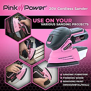 Pink Power Sandpaper for 20V PP204 Cordless Electric Hand Sander - Detail Sand Paper Hook & Loop P60/P80/P120 Grit Sandpaper Pads for Wood, Furniture, & Wall - Sanding Sheets for Palm Sander