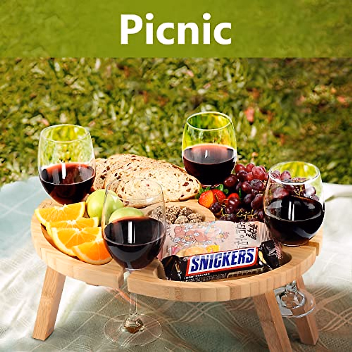 Tirrinia Portable Picnic Table with 4 Wine Glasses Holder, Functional Bamboo Snack Tray Table -Foldable for Party, Picnic, Camping, Beach (15.7" x 12.5")