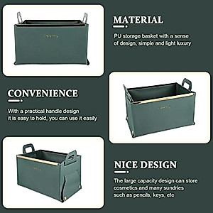 Cabilock Foldable Leather Storage Basket Desktop Sundries Box Cosmetics Storage Bin Vanity Tray Snack Case Vegetable Basket for Organizing Shelf Closet Cabinet Green