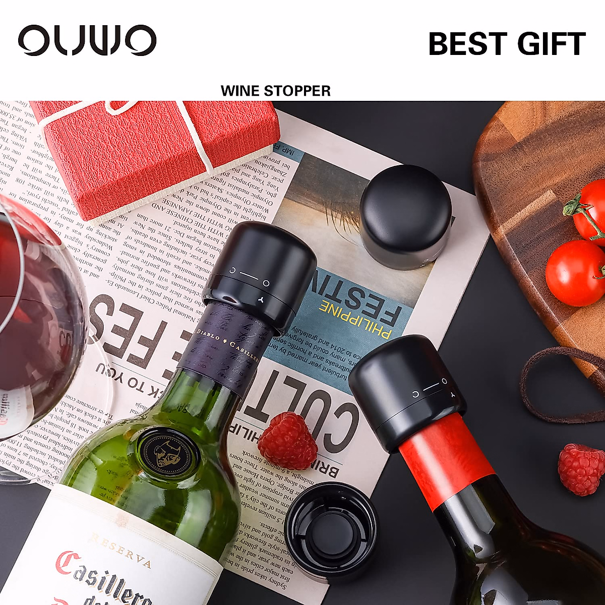 OUWO Wine Bottle Stopper, Wine Stopper with Silicone Wine Toppers Stopper Reusable Wine Saver, Wine Cork Superior Leak-Proof Keeps Wine Fresh Best Gift Accessories, Black 4 pack