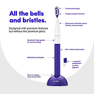 SmileDirectClub Electric Toothbrush Club Edition with Aligner Brush Head and 3-in-1 Travel Case, Mirror Mount, and Stand, Blurple