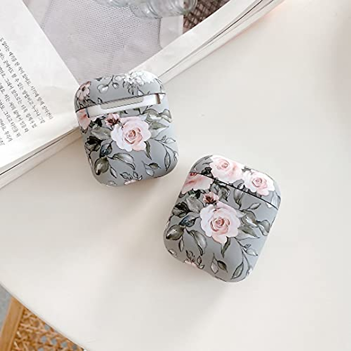 HJWKJUS Compatible with AirPods 1&2 Case for Women Girls, Pink Floral and Gray Leaves Pattern Case with Anti-dust Shockproof Protective Hard Cover for AirPods 1&2-Elegant Flower