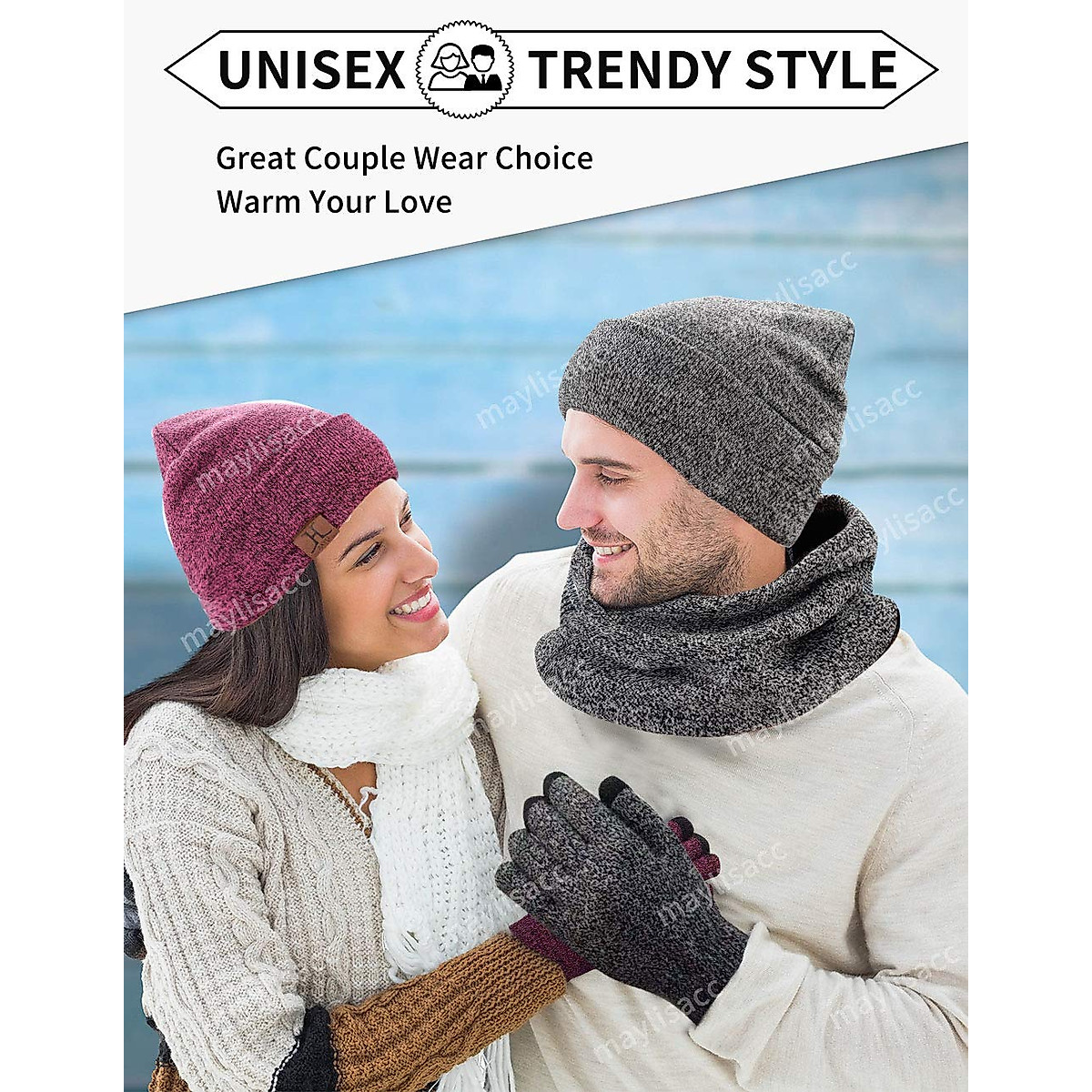 MAYLISACC Knit Beanie Hats Scarf and Touchscreen Gloves 3 Pcs Winter Set Fleece Lined for Men Women Cold Weather Grey