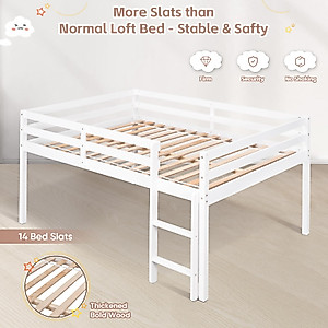 Antetek Twin Loft Bed Frame, Solid Pine Wood Twin Size Bed Frame with Ladder and Safety Full-Length Guardrail, Low Loft Bed for Kids, Teens, Boys, Girls, No Box Spring Needed, White