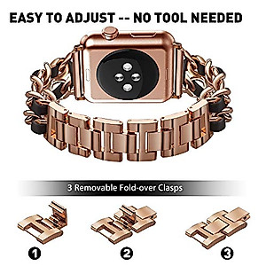 Mosonio Compatible for Apple Watch Band 44mm with Screen Protector Case Women, Jewelry Bracelet Metal Strap with 2-Pack Bling Case Cover for 44mm iWatch Series 6 5 4(Rose Gold Link with Black Leather)