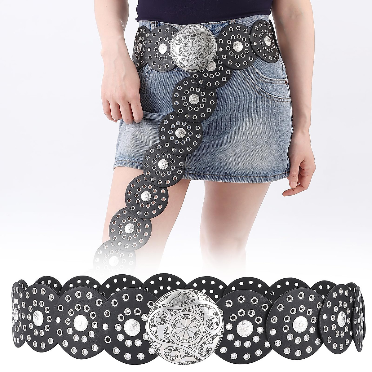 Dazzleimart Hollow Disc Belt Western Style Exaggerated Cowboy Wide Disc Belt Metal Buckle Vintage Soft Belt for Women (Black Silver-A, 101cm/39.7in)