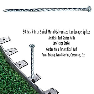 50Pcs Metal Turf Nails Landscape Stakes, Spiral Galvanized Landscape Spikes, Garden Nails, Anchoring Spikes, Outdoor, Heavy-Duty, Rust Resistant Security, 7-Inch Long, Silver (DP-1)