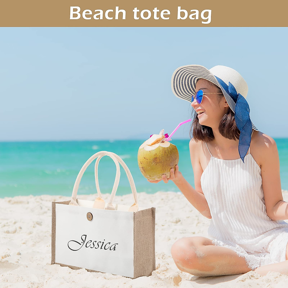 12 Pieces Jute Tote Bags Burlap Tote Beach Bags with Handles Reusable Waterproof Tote Shopping Bag Blank DIY Canvas Gift Bag Jute Travel Tote Bag for Beach Bridesmaid Wedding 14.57 x 10.24 x 6.69 Inch