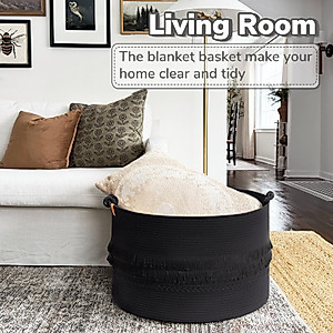 CherryNow Extra Large Black Laundry Basket, Rope Storage Basket for Bathroom, Bedroom, Living room, Entryway, Big Blanket Basket for Pillows, Toys, Clothes, 22 x 14 inches
