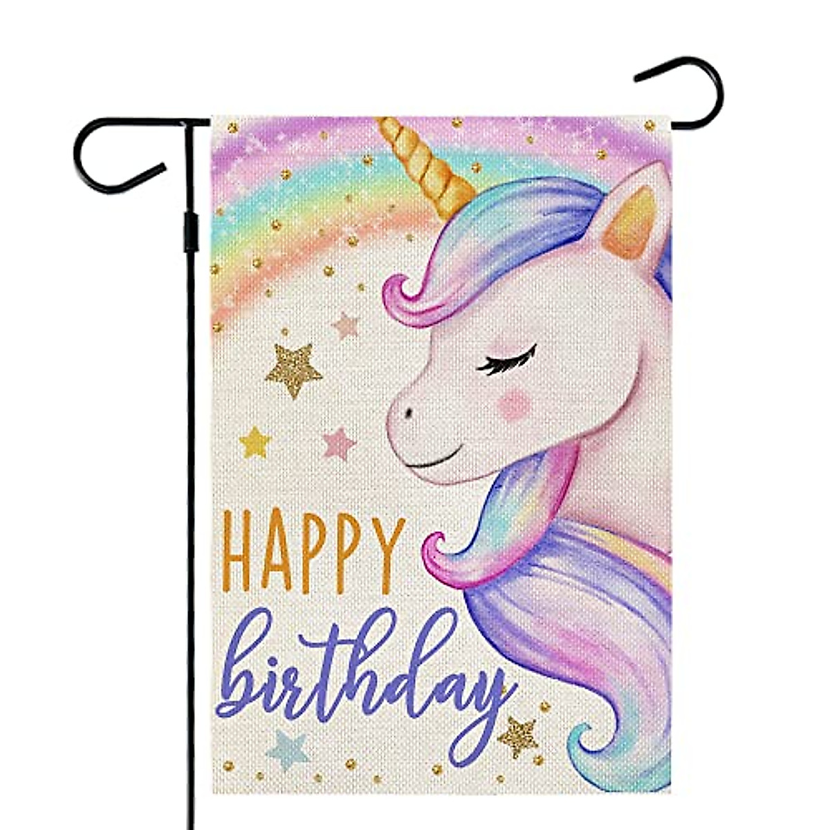 CROWNED BEAUTY Happy Birthday Garden Flag 12x18 Inch Double Sided Girl Unicorn Rainbow Outside Welcome Party Decoration Gift Yard Flag